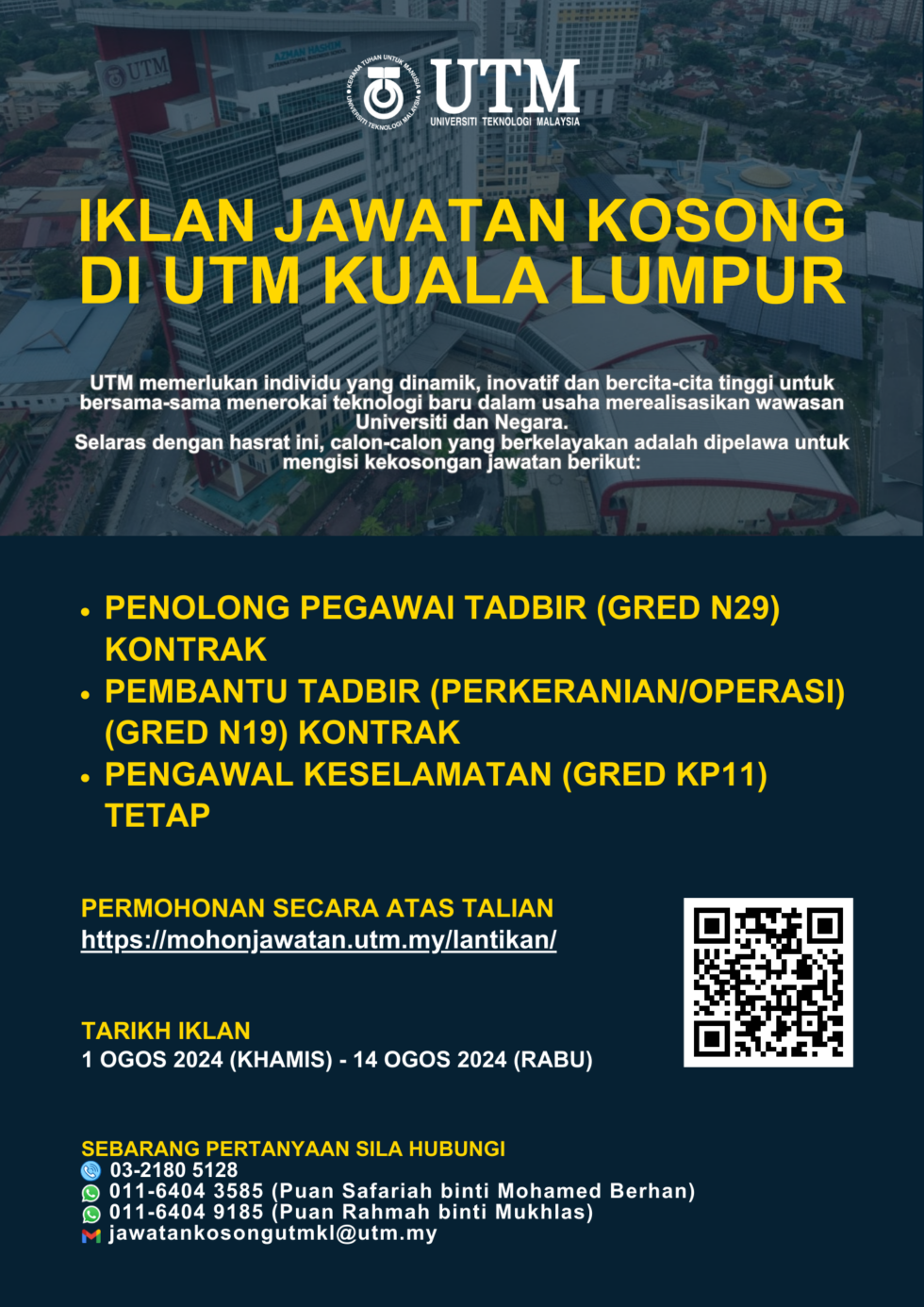 JAWATAN KOSONG UTM KUALA LUMPUR | BAHAGIAN PENDAFTAR KUALA LUMPUR