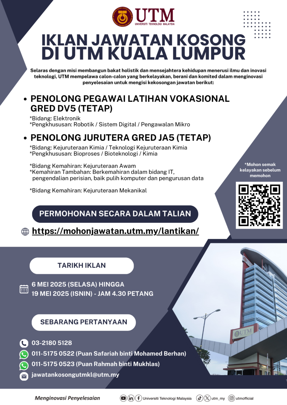 JAWATAN KOSONG UTM KUALA LUMPUR | BAHAGIAN PENDAFTAR KUALA LUMPUR